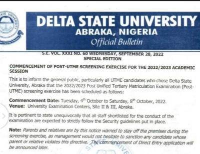 DELSU Post-UTME screening date, 2022/2023 - Myschool