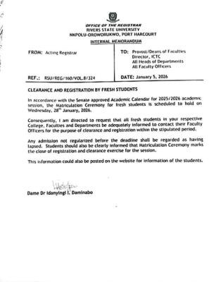 RSUST notice on registration deadline and matriculation of new students ...