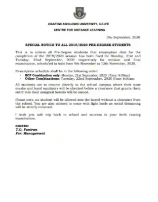 OAU announces resumption for Pre-degree Students - Myschool