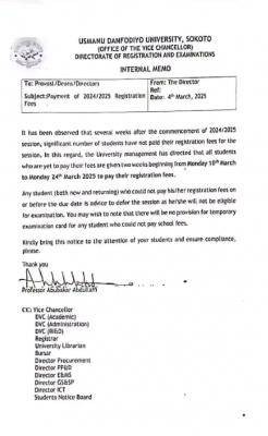 UDUS issues notice to students on payment of registration fees, 2024/ ...