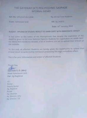 Gateway ICT Polytechnic notice to ND students on upload of O'Level ...