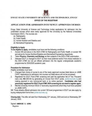 ESUT application for admission into newly approved courses, 2024/2025 ...