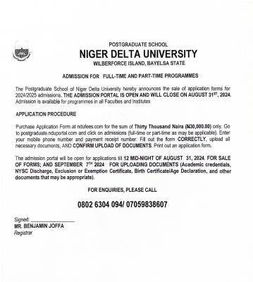 NDU releases Postgraduate full-time & part-time form, 2024/2025 - Myschool