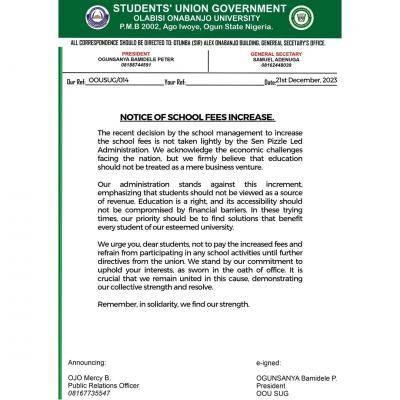 OOU SUG responds to school fees increment by management - Myschool