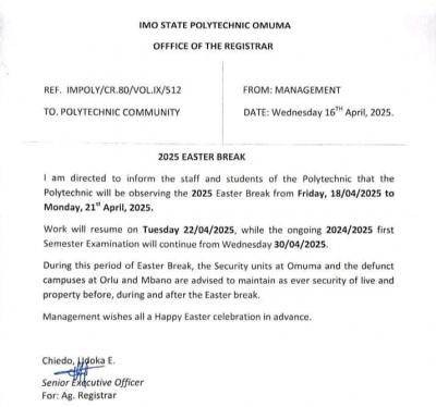 Imo State Poly notice of Easter break - Myschool