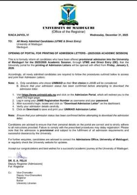 UNIMAID Opens Portal for Printing of Admission Letters for 2025/2026 ...