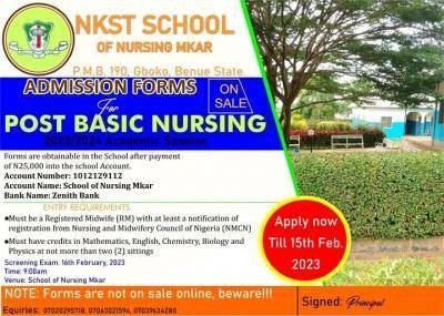 School of Nursing, Mkar Post Basic Nursing Admission form, 2022/2023 ...