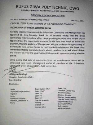 Rufus Giwa Polytechnic notice on commencement of Intrar-Semester Break ...