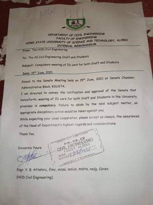 KSUSTA notice to civil engineering students and staff on wearing of ID ...
