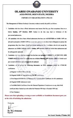OOU notice on registration to all admitted undergraduate students, 2025 ...