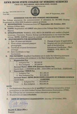 Akwa Ibom College of Nursing Sciences releases ND/HND Nursing form ...