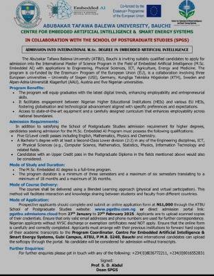 ATBU invites applications for Msc. Degree in Embedded Artificial ...