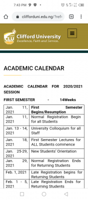 Clifford University academic calendar for 2020/2021 session - Myschool
