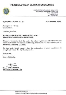WASSCE 2026 registration for school students closes January 17 - Myschool