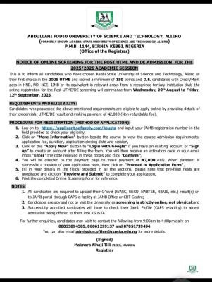 KSUSTA Post-UTME/DE 2025: cut-off mark, eligibility, registration and ...