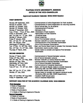 PLASU approved academic calendar, 2025/2026 - Myschool