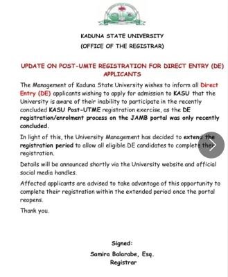 KASU registration update for Direct Entry candidates, 2025/2026 - Myschool