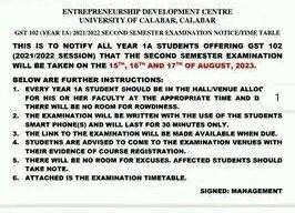 UNICAL notice to Year 1 students on GST examination, 2021/2022 - Myschool