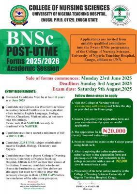 UNTH College of Nursing BNSc Nursing Admission form, 2025/2026 - Myschool