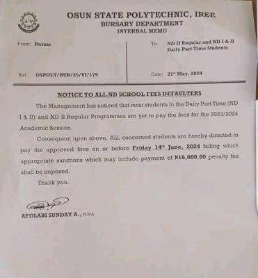 OSPOLY notice to students on deadline for payment of school fees - Myschool