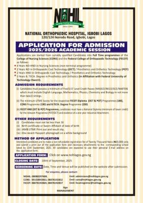 National Orthopedic Hosp. Igbobi, Lagos releases admission form, 2025/ ...