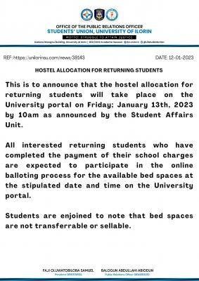 UNILORIN sets date for hostel allocation for Returning Students - Myschool
