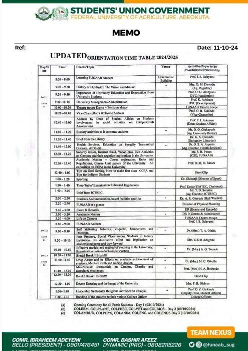 FUNAAB announces new date for orientation exercise, 2024/2025 - Myschool