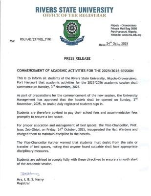 RSUST announces commencement of 2025/26 academic session - Myschool
