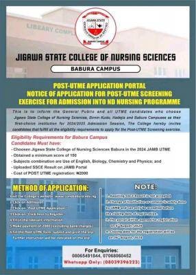 Jigawa College of Nursing Sciences, Birnin Kudu Post UTME form, 2024/ ...