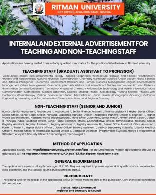 Ritman University announces Teaching and Non-Teaching staff vacancies ...