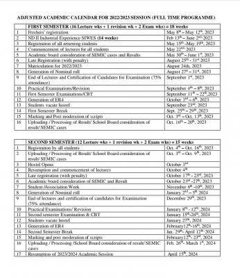 YABATECH full-time adjusted academic calendar, 2022/2023 - Myschool