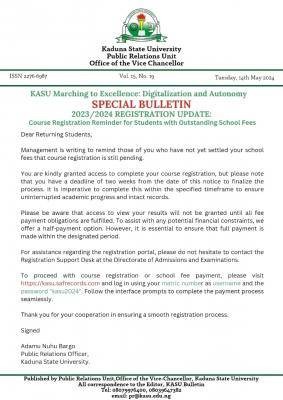 KASU notice to returning students yet to pay their fees, 2023/2024 ...
