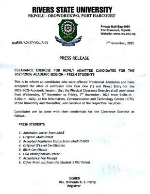 RSUST announces clearance exercise for new students, 2025/2026 - Myschool