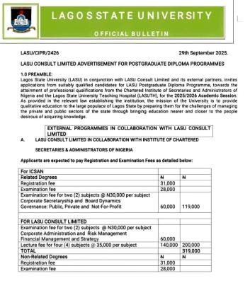 LASU announces Postgraduate Diploma programmes, 2025/2026 - Myschool