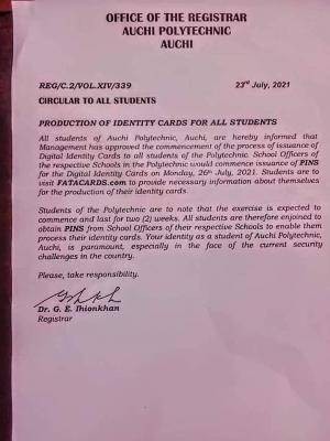 Auchi Poly notice on production of I.D card - Myschool