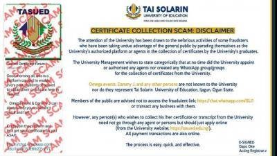 TASUED certificate collection scam alert - Myschool