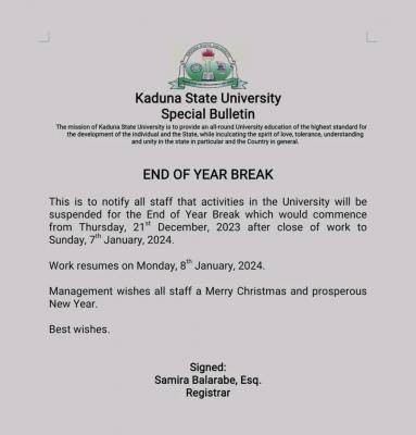 KASU notice of end of the year break - Myschool