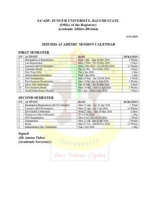 SAZU releases academic calendar, 2025/2026 - Myschool