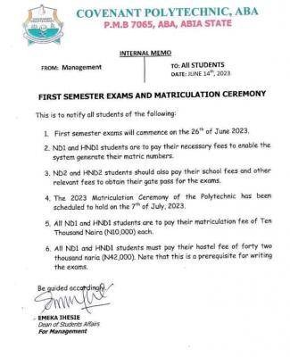 Covenant Polytechnic announces matriculation ceremony & commencement of ...
