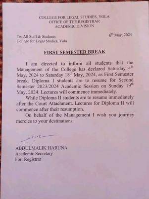 College of Legal Studies Yola notice of 1st semester break, 2023/2024 ...