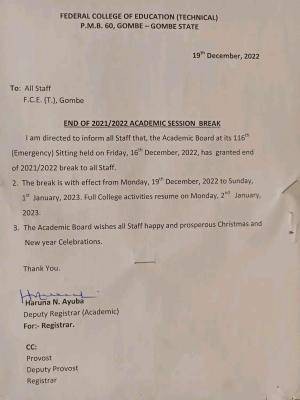 FCE (Technical) Gombe notice on end of 2021/2022 academic session break ...