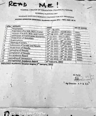 FCE Gombe approved academic calendar, 2020/2021 - Myschool