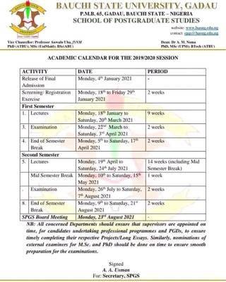 Bauchi state university post-graduate 2019/2020 academic calendar ...
