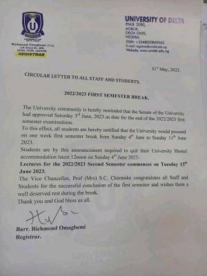 UNIDEL notice on first semester break, 2022/2023 - Myschool
