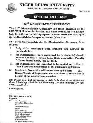 NDU announces 22nd matriculation ceremony, 2023/2024 - Myschool
