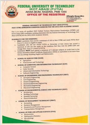 FUTIA Post-UTME/DE 2025: cut-off mark, eligibility and registration ...