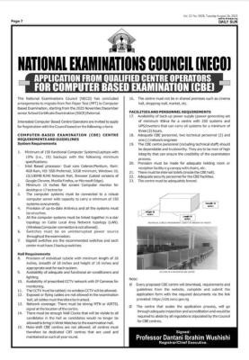 NECO announces application from qualified Centre Operators For Computer ...
