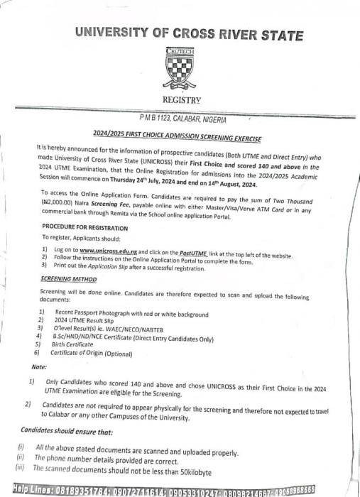 CRUTECH Post UTME/DE 2024: Eligibility, cut-off mark and Registration ...
