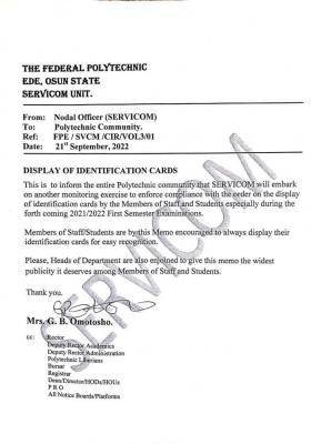 Fed Poly, Ede notice on displaying of ID card - Myschool