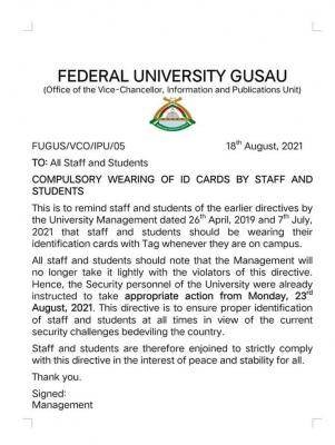 FUGUSAU makes wearing of ID card compulsory for students and staff ...